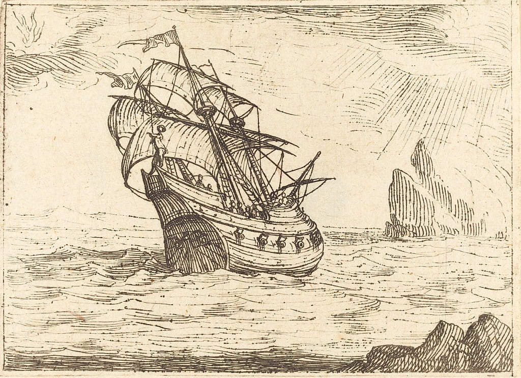 Ship Navigating Near Rocks. by Jacques Callot