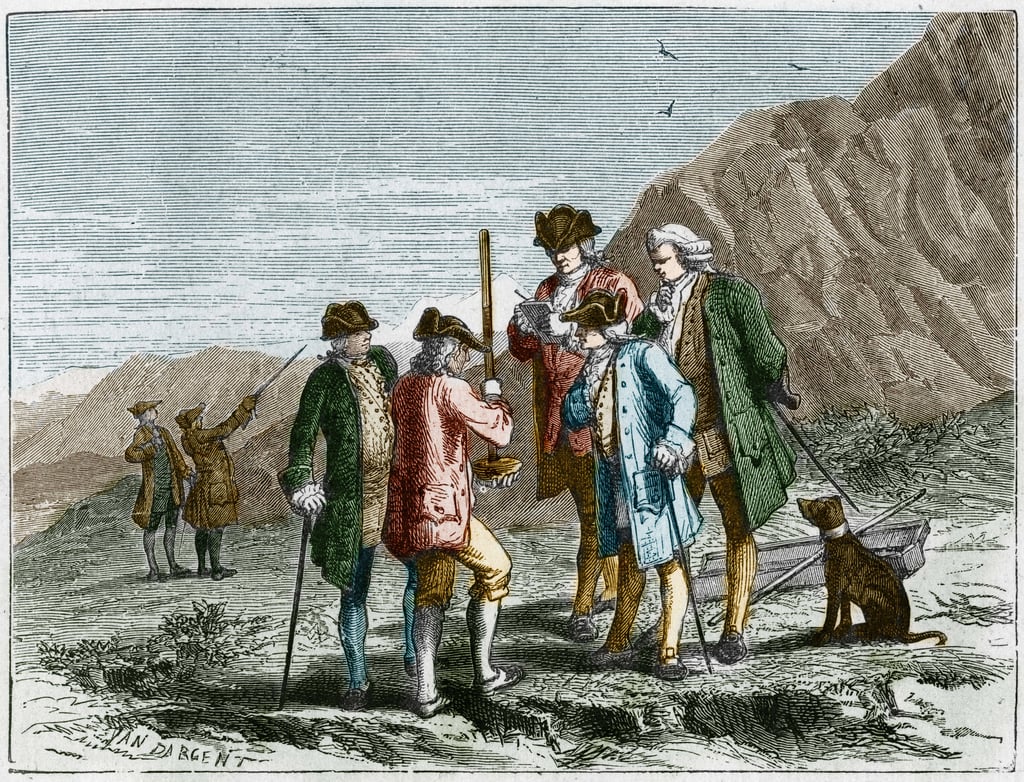 Florin Perier measuring the height of the Barometer (mercury tube) of ...