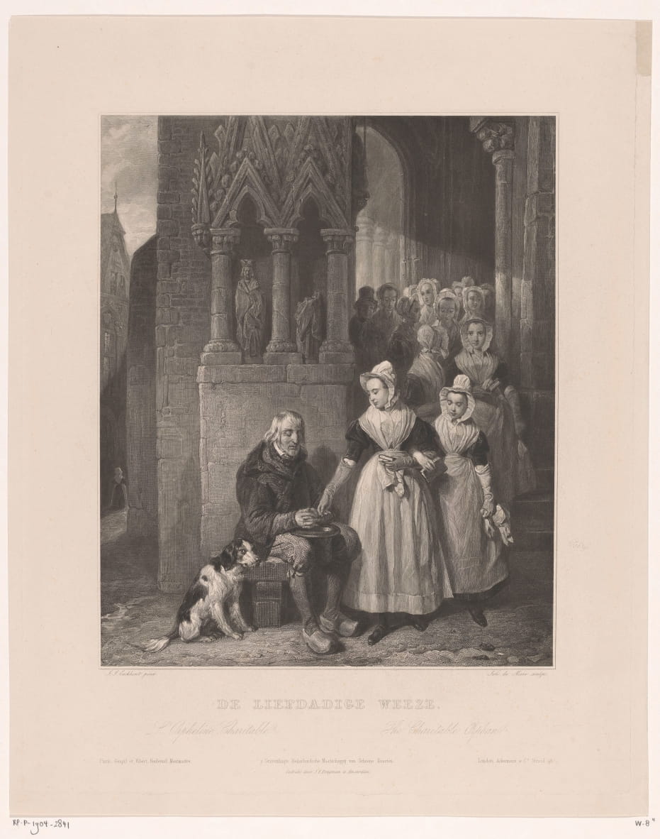Orphan girl giving alms to a beggar The Charitable Weeze (title on object)