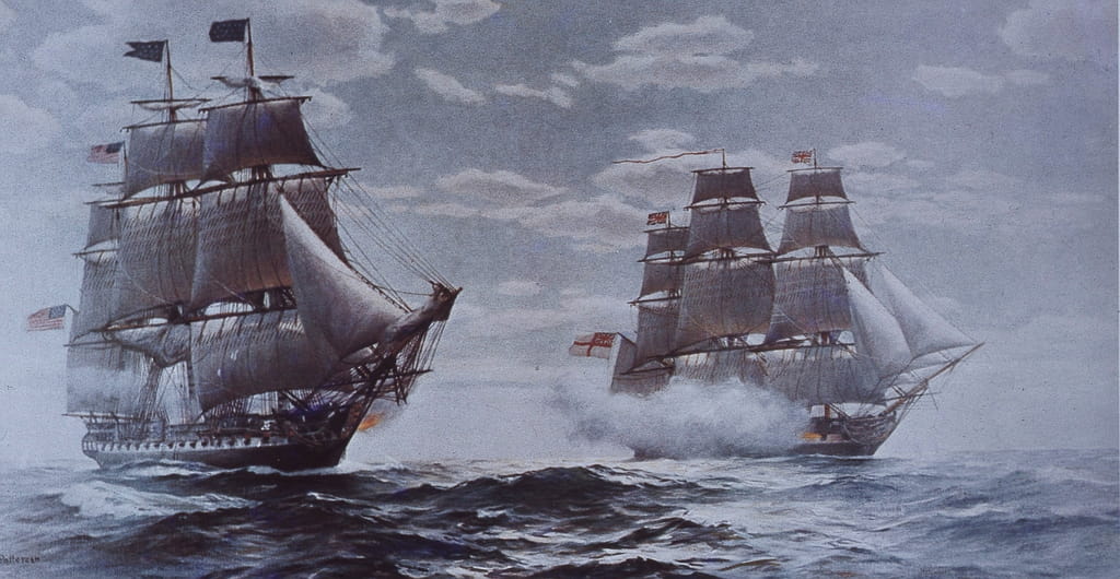 USS Constitution and HMS Java (colour litho)