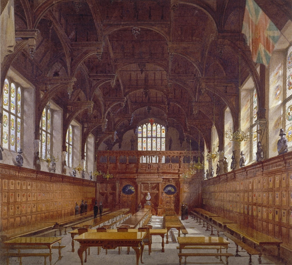 Interior view of Middle Temple Hall from the high table with figures ...