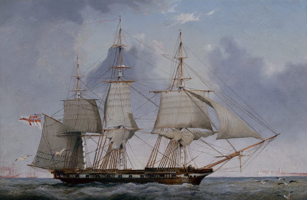 A Fifth-Rate 36-Gun Frigate Hove-To on a Starboard Tack (oil on panel)