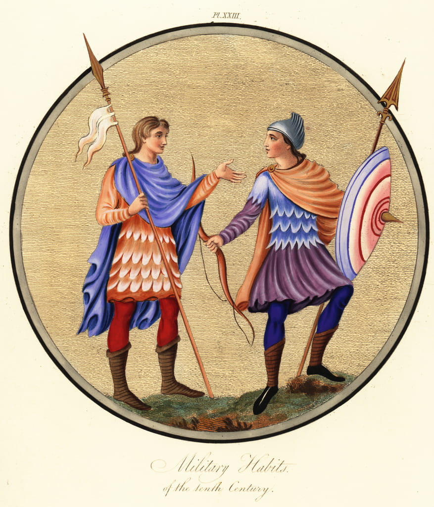 Anglo-Saxon soldiers wearing scale armour by Joseph Strutt