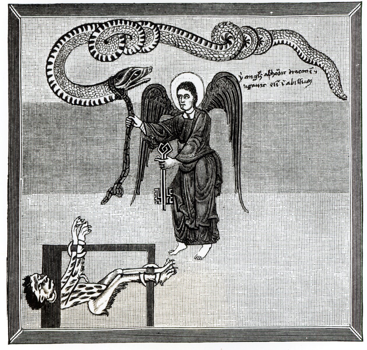 The Angel, holding the Keys of Hell, enchains the Devil, in the shape ...