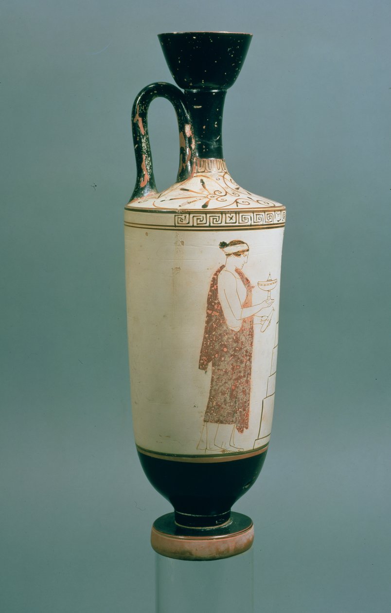 Attic white-ground lekythos decorated with a woman holding a vessel for ...