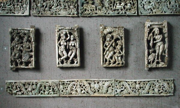 Four plaques depicting feminine figures and two decorative bands, from ...