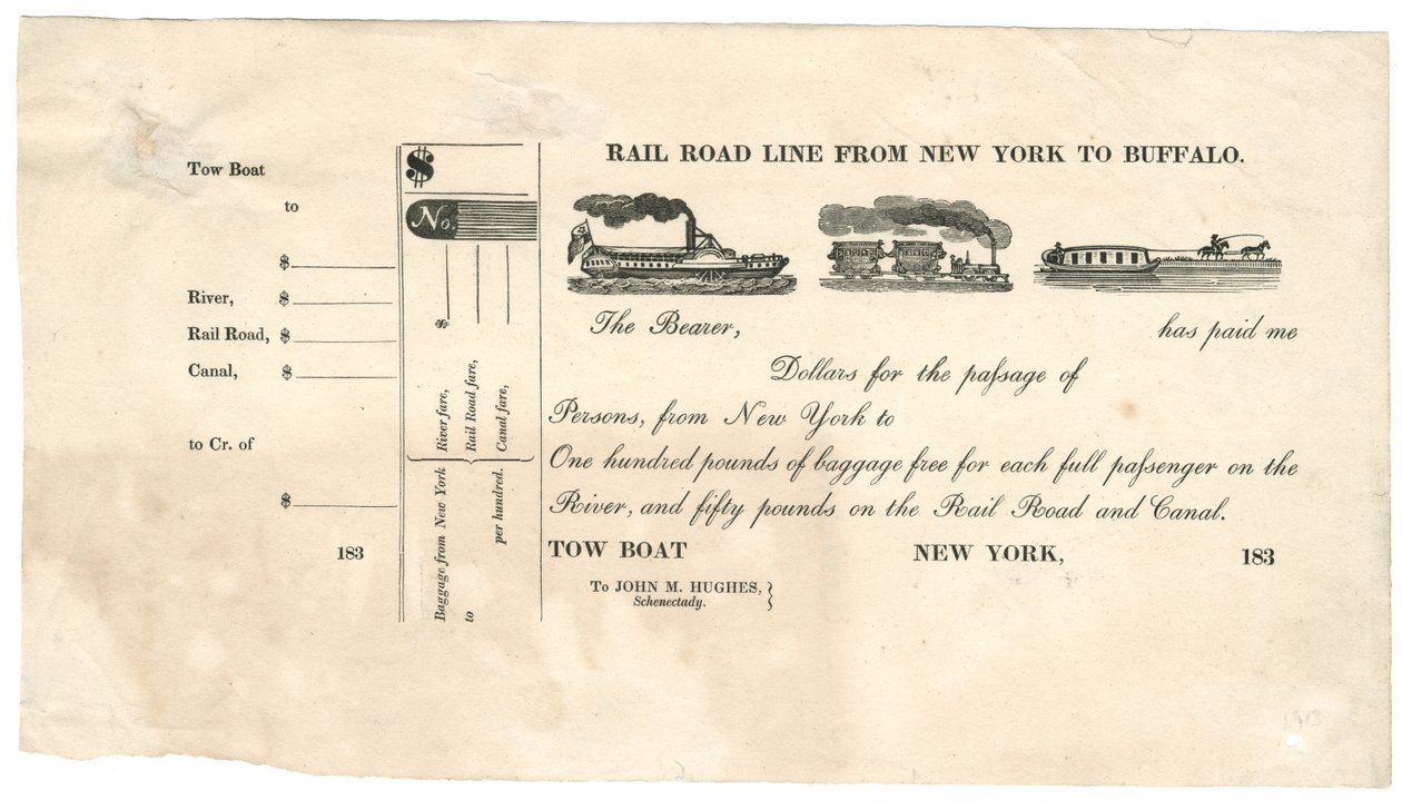 Rail Road Line from New York to Buffalo [Tow Boat Ticket], 1830s