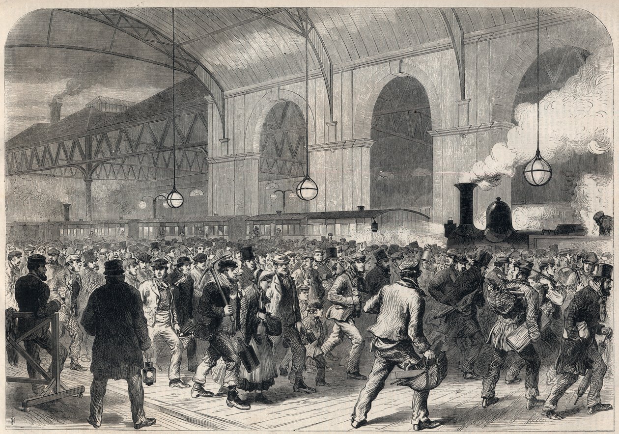 Arrival of the workmen's penny train at Victoria Station in London