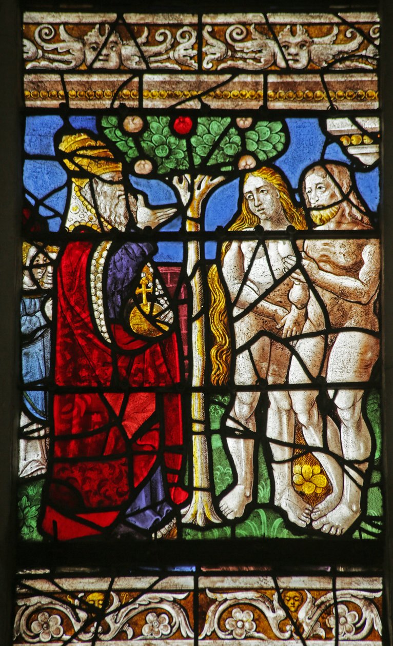 Window depicting God forbidding Adam and Eve to eat the fruit of the ...