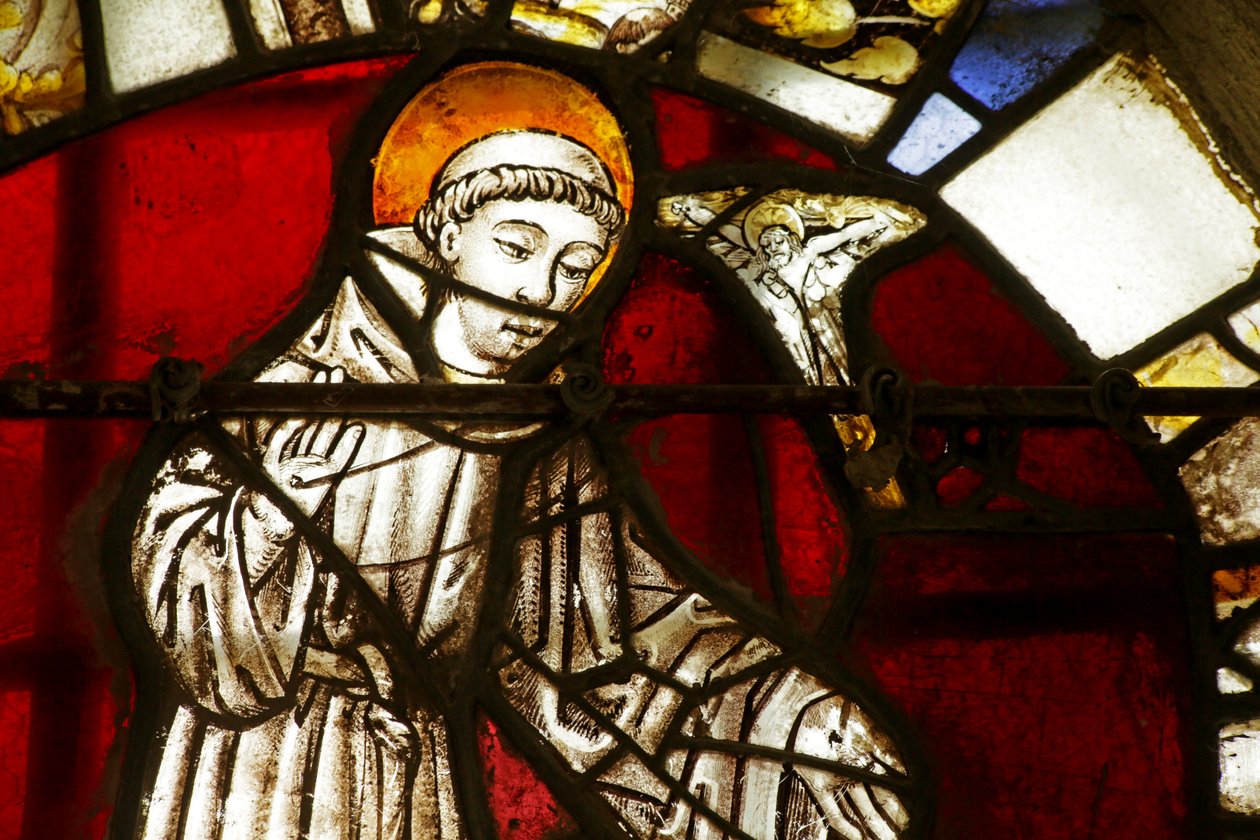 Window depicting Saint Francis as a young Monk having a vision of Christ