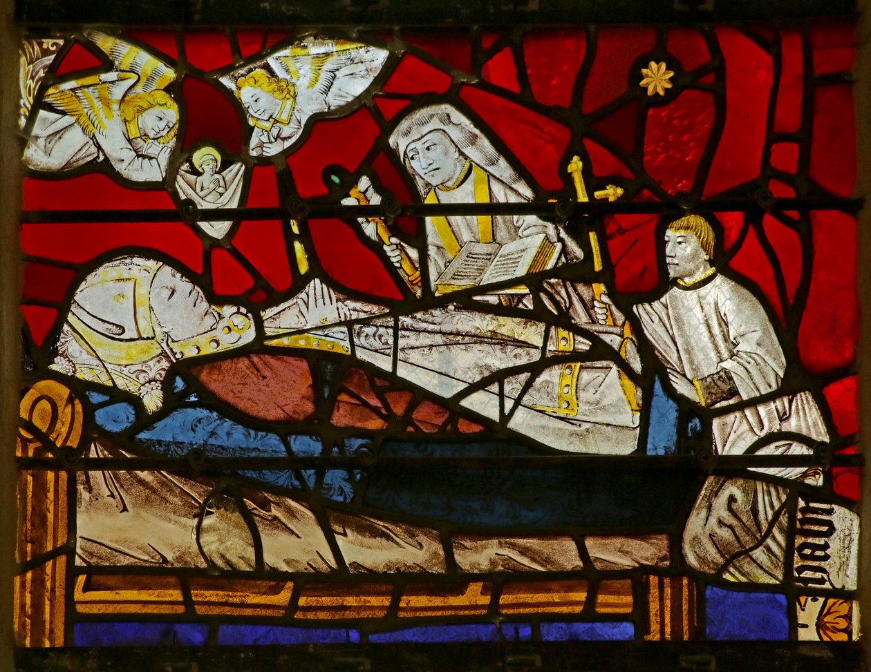 Window depicting the Death of a Bishop Saint: Angels carrying his Soul