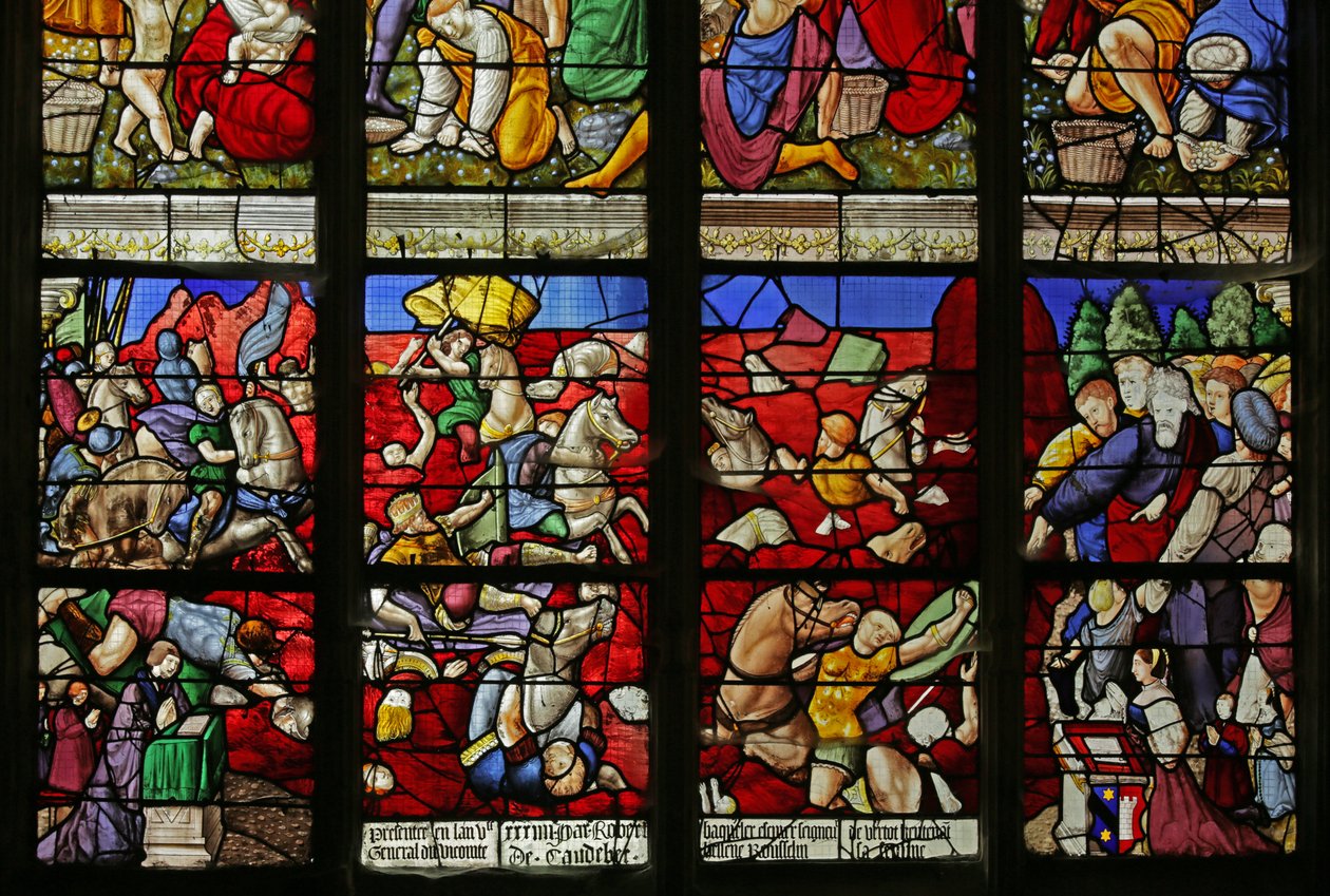 Window depicting the Israelites crossing the Red Sea and Pharaoh's army ...