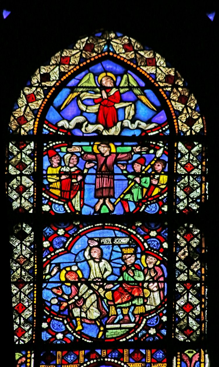 Window depicting the Stoning and then the Crucifixion of Saint Agricole