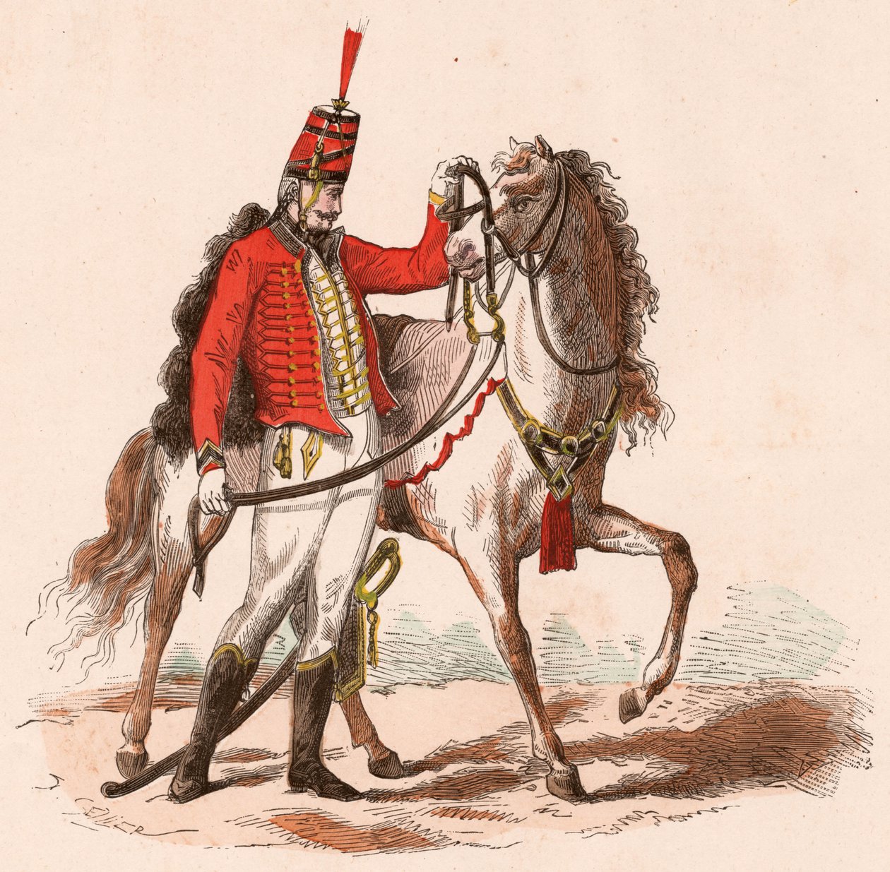 A French Hussar in His Uniform Standing Next to His Horse