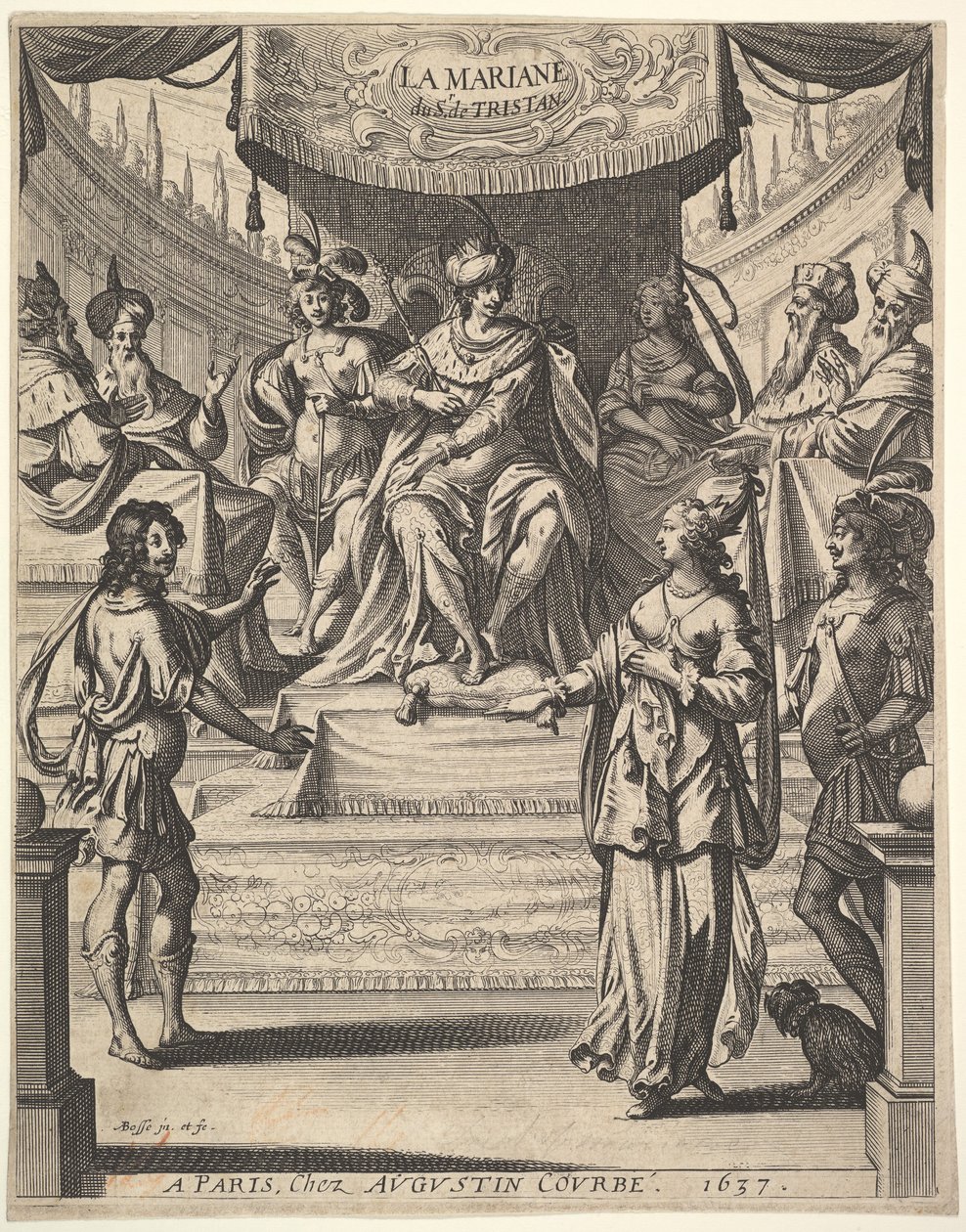 Frontispiece for Tristan L'Hermite: Marianne standing to right before ...