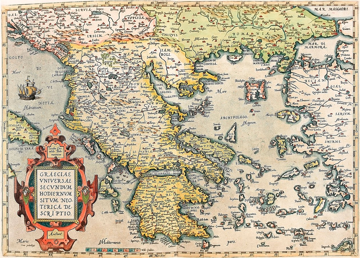 Geography map of Greece from 'Theatrum Orbis Terrarum' by Abraham Ortelius