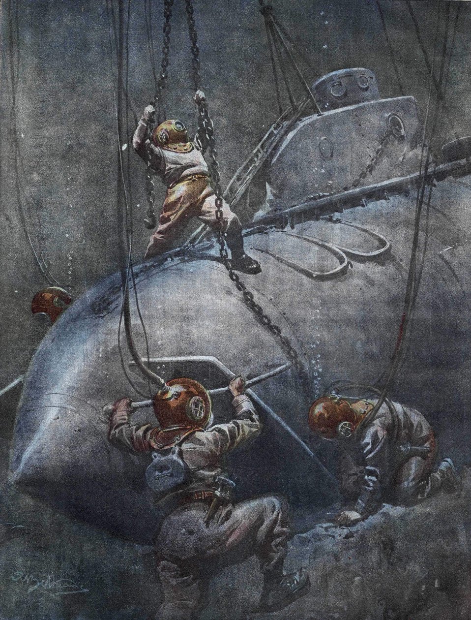 The catastrophe of the French submarine Pluviose in 1910. The ...