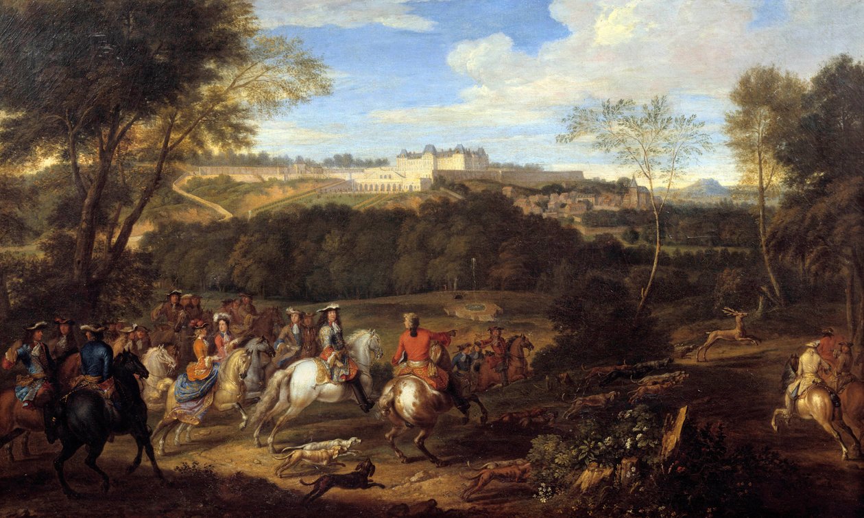 King Louis XIV (1638-1715) and the Court hunting in sight of the castle ...