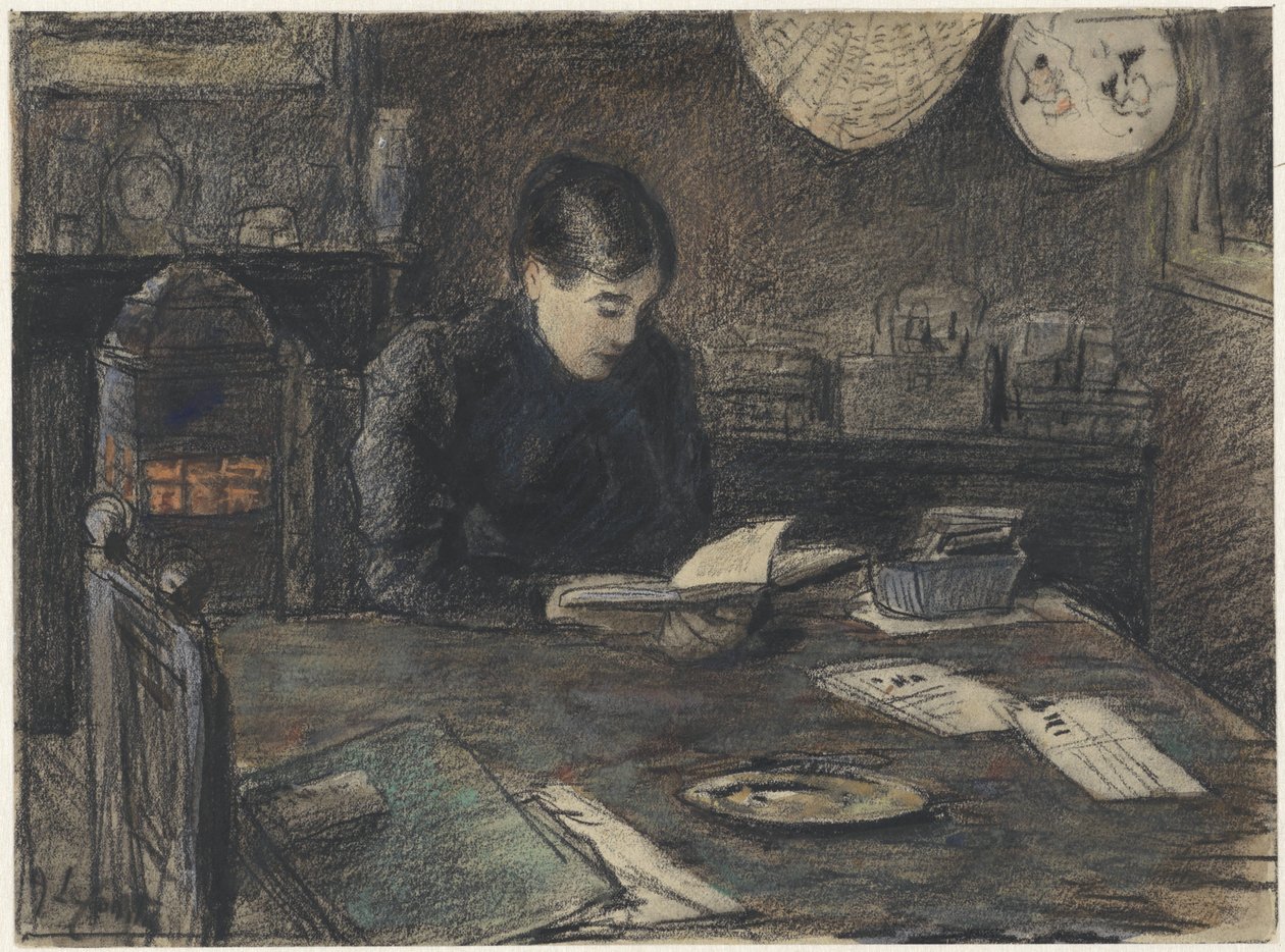 Woman Reading at a Table by Adolf le Comte: Fine art print