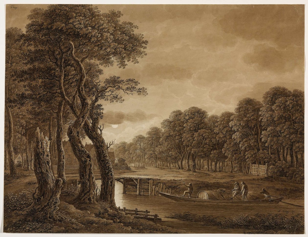 Moonlight Landscape with Cargo Boat by Adrian Zingg