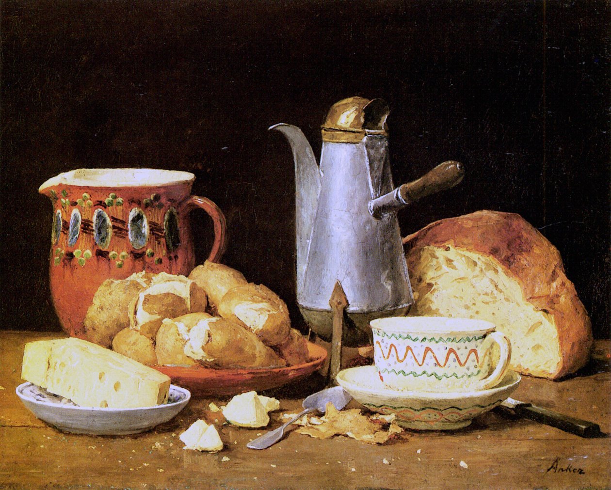 Still Life with Coffee, Bread and Potatoes by Albert Anker
