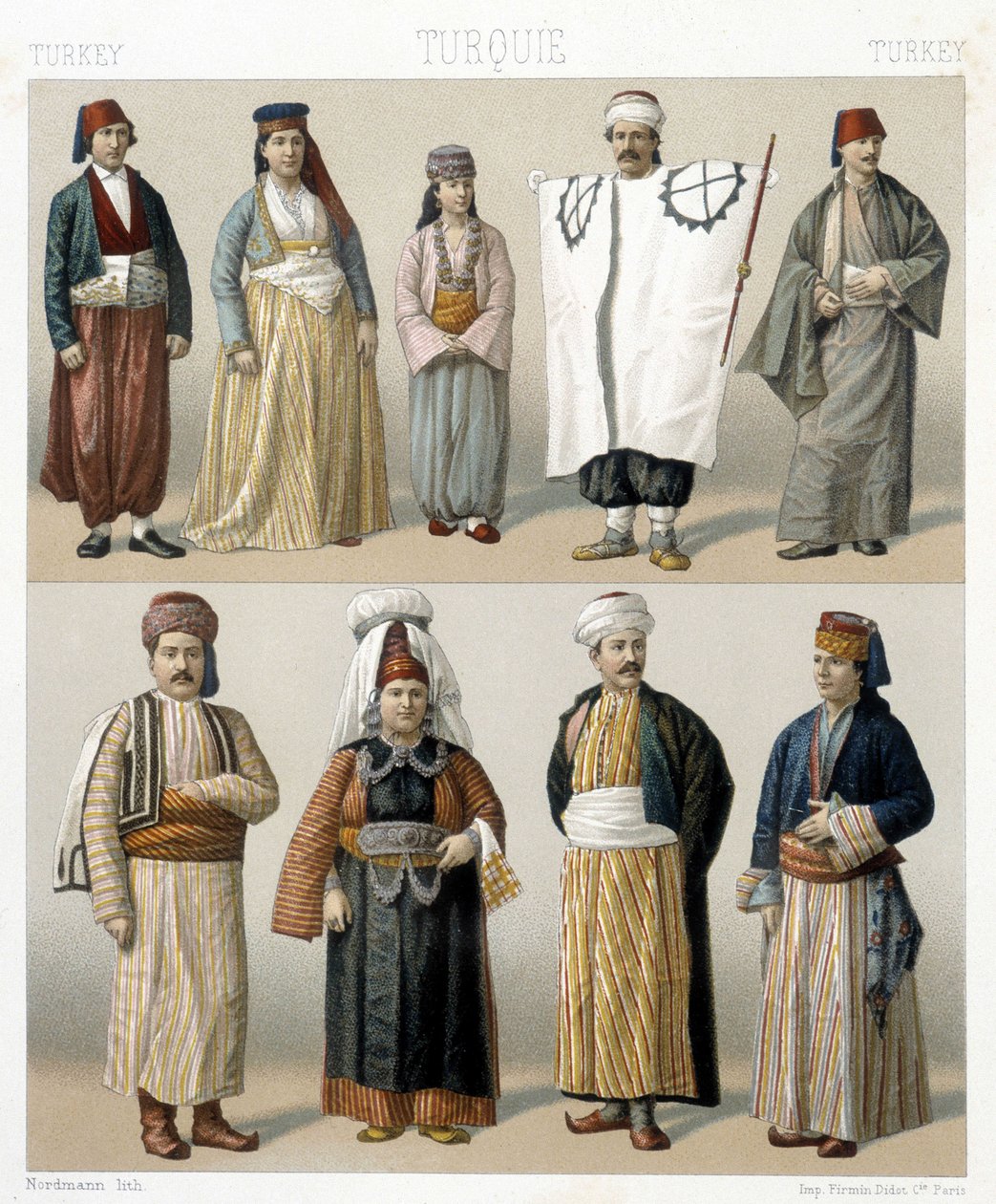 19th century Turkish costumes. Illustration in 'Le costume historique ...