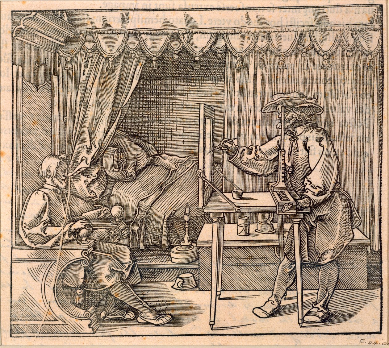A draughtsman taking details for a portrait, using a perspective ...