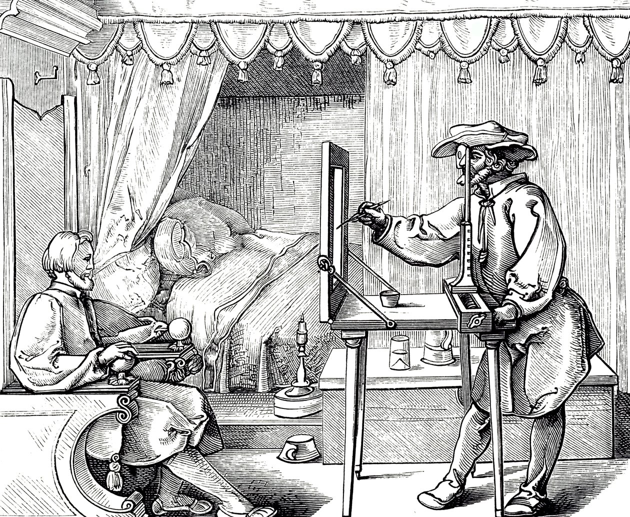 An Artist Using a Drawing Aid to Get the Proportions of a Portrait Correct, Engraving by ...