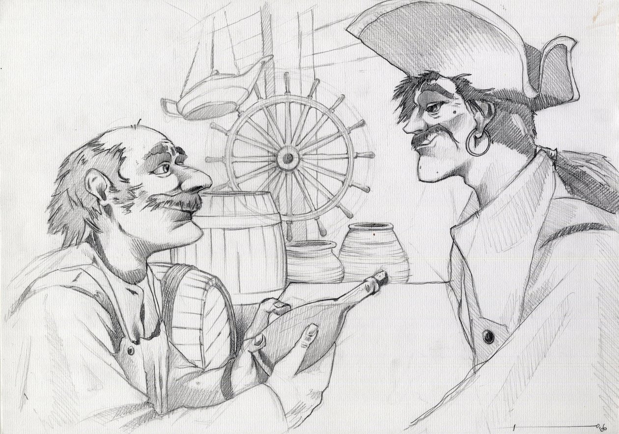 Caribbean pirate in an inn with a bottle