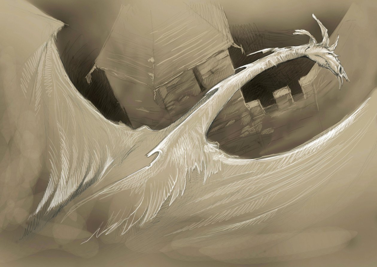 Fantastic Creature: a dragon flying over a castle tower