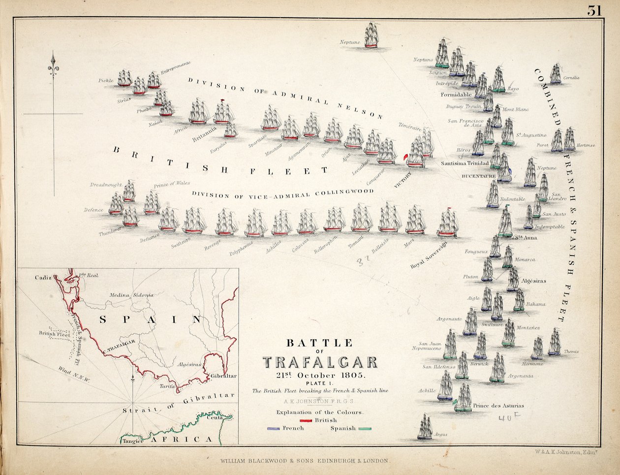 Map of the Battle of Trafalgar, published by William Blackwood and Sons ...