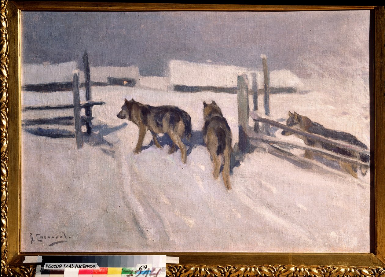 Wolves, Winter Night. Painting by Alexei Stepanovich Stepanov (1858-1923)