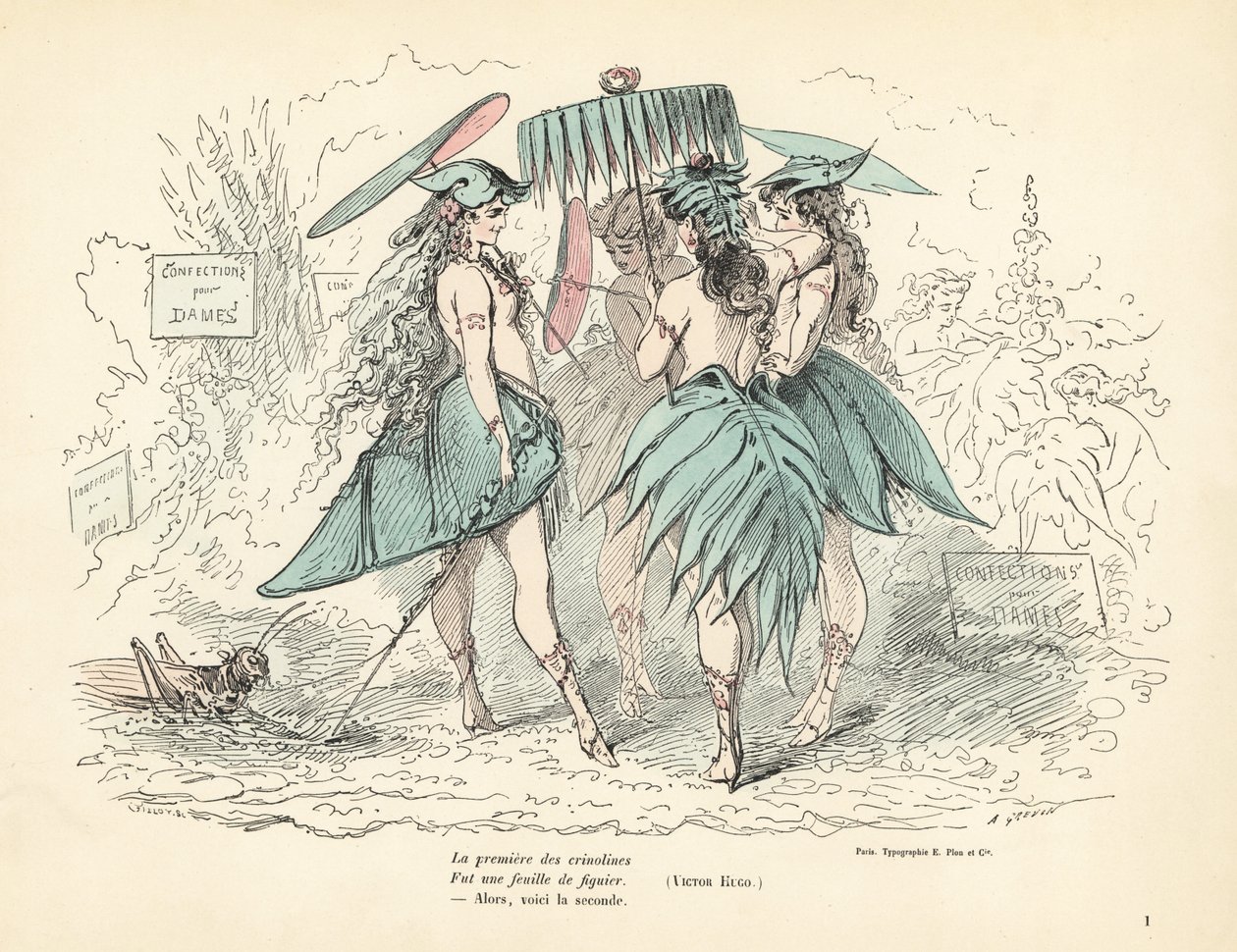 Women Dressed Only in Fig-Leaf Dresses and Hats, Holding Leaf Fans