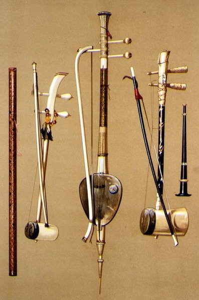 A khlui, three so sam sai with bows and a pi, Thai instruments from ...