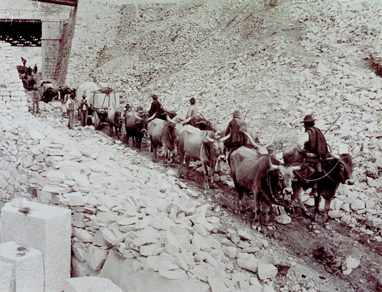 Scene showing marble blocks being transported from a quarry in Carrara ...