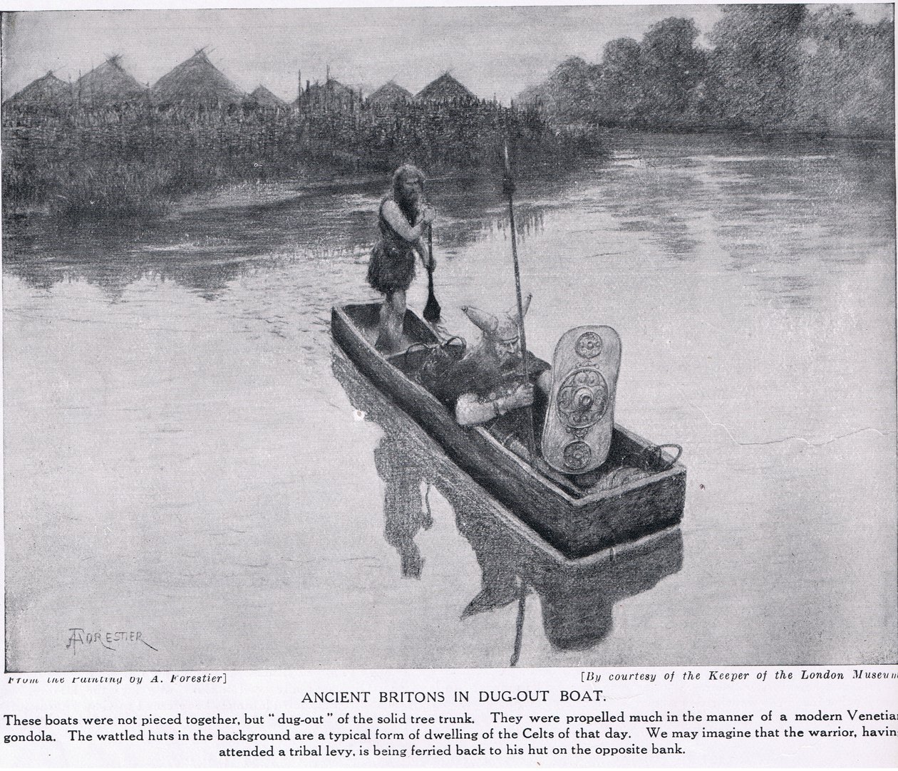 Ancient Britons in dug-out boat, illustration from 'Hutchinson's ...