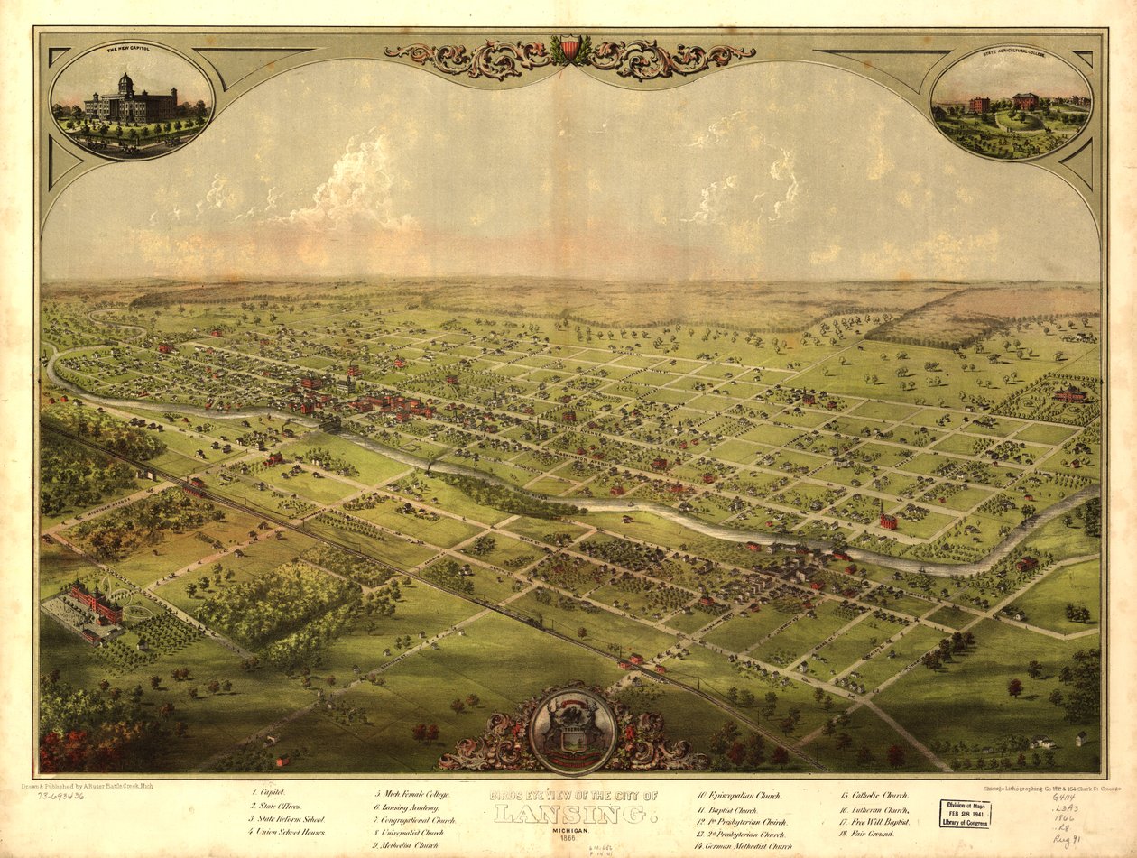Birds eye view of the city of Lansing, Michigan 1866