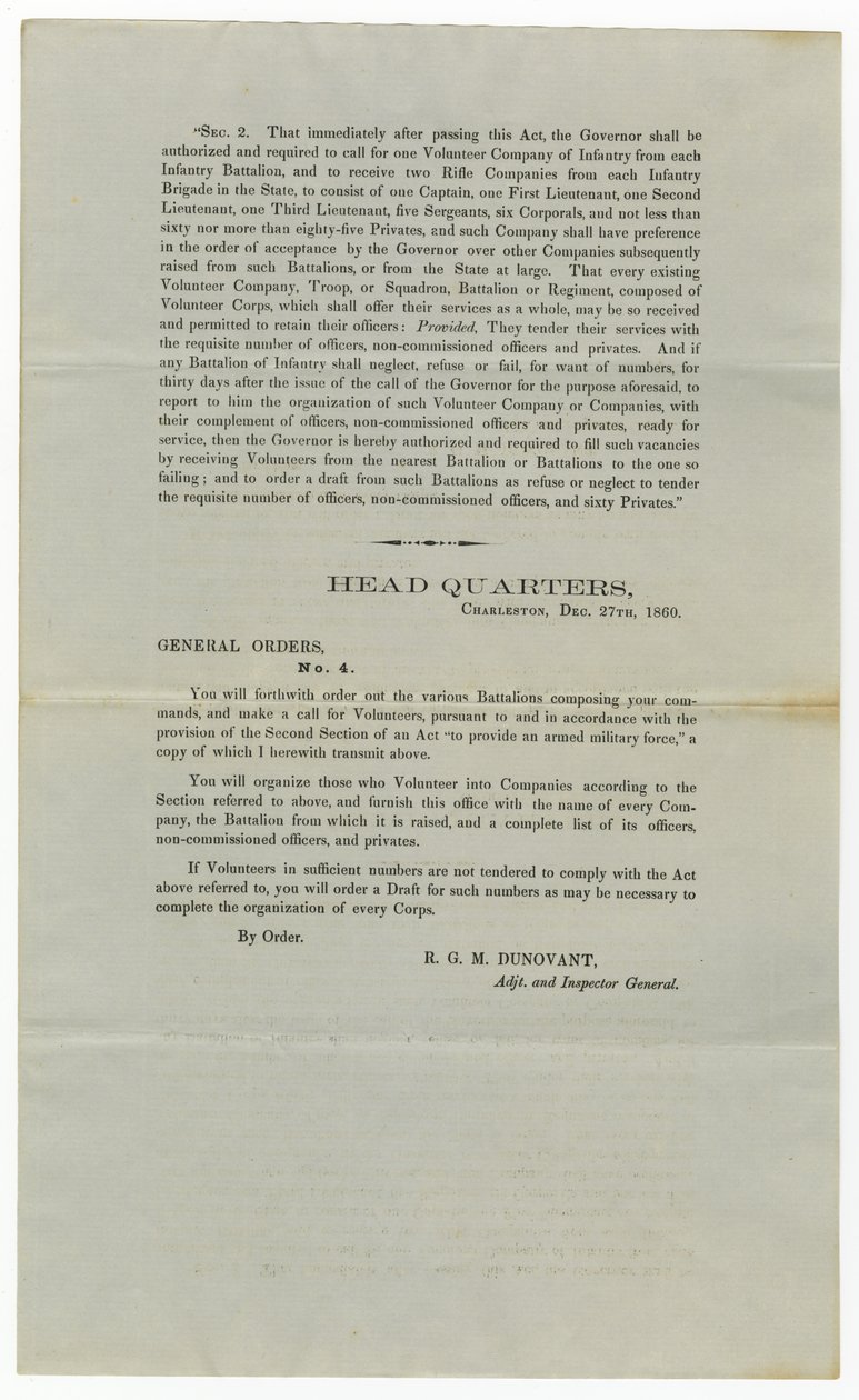 Call for Volunteers Under General Order No.4, 27th December 1860