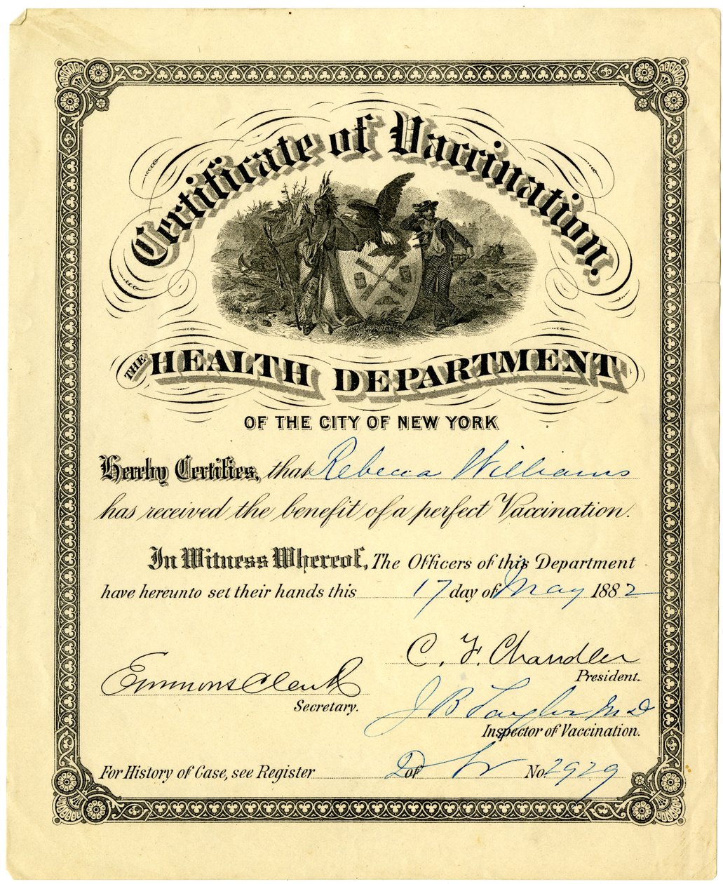 Certificate of Vaccination, the Health Department of the City of New ...