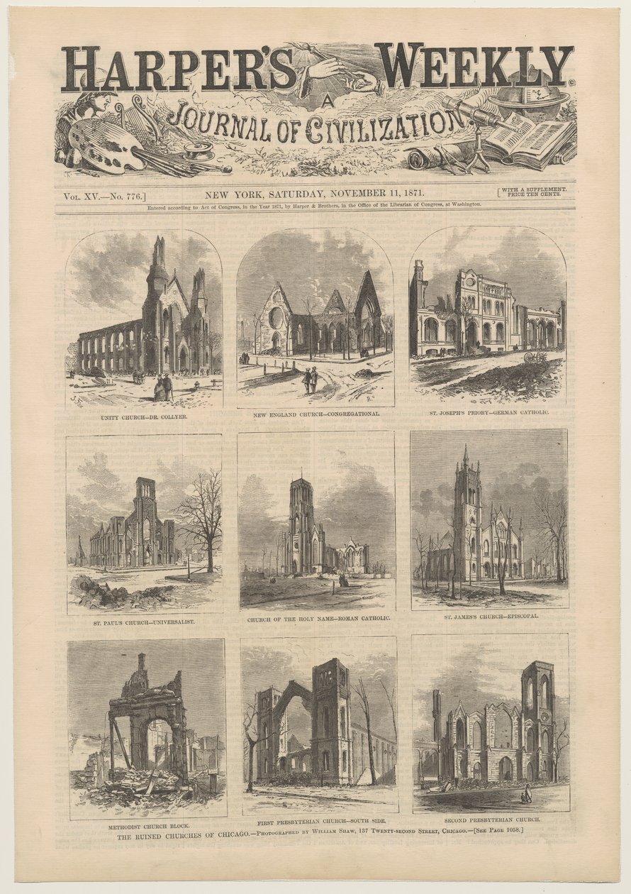 Cover of Harper's Weekly showing scenes of the ruined churches of ...