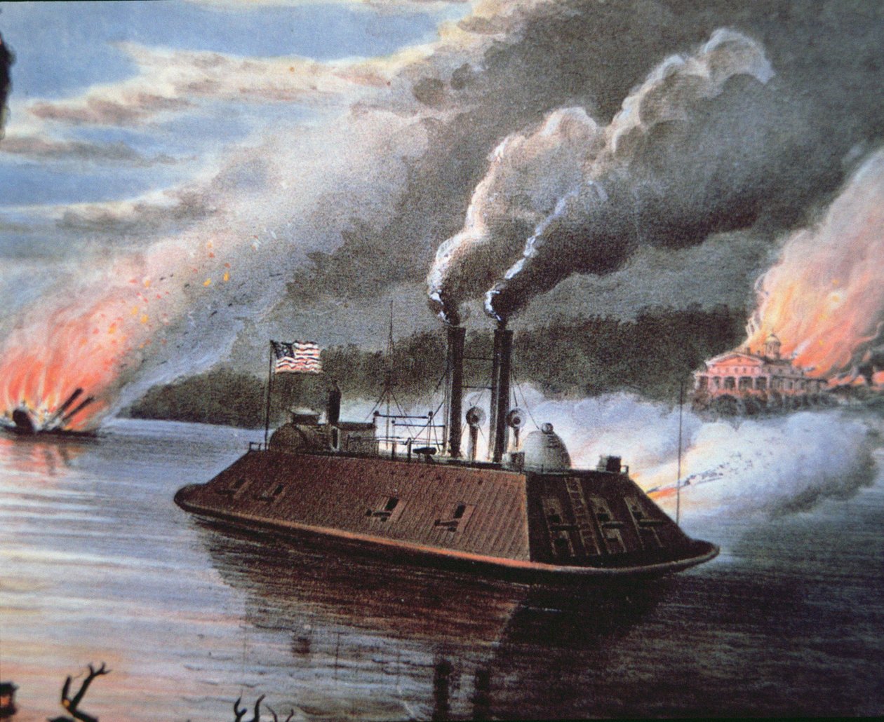 Federal Ironclad Ship on the Mississippi bombarding Enemy Territory
