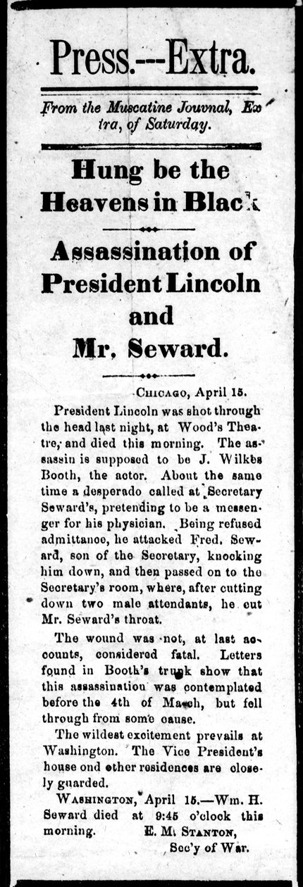 Headline announcing the assassination of Abraham Lincoln and attempted ...