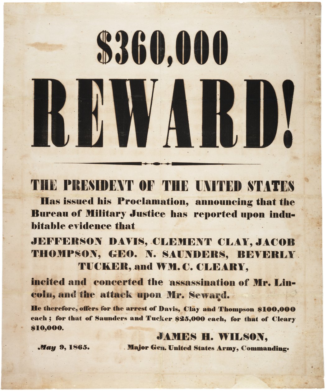 Lincoln Assassination Reward 9th May 1865