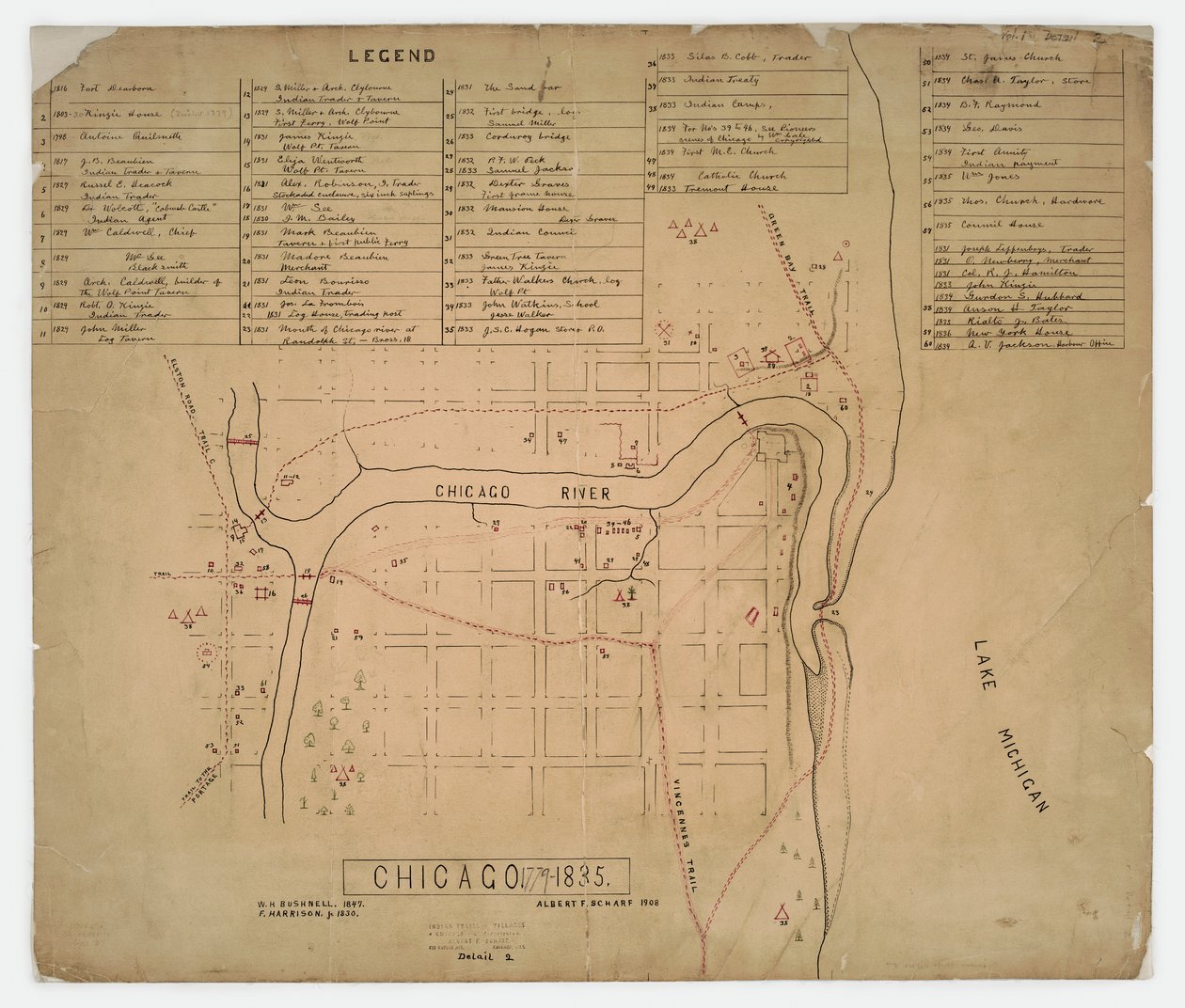 Map of Historic Houses and Sites in Chicago, Illinois, c.1835