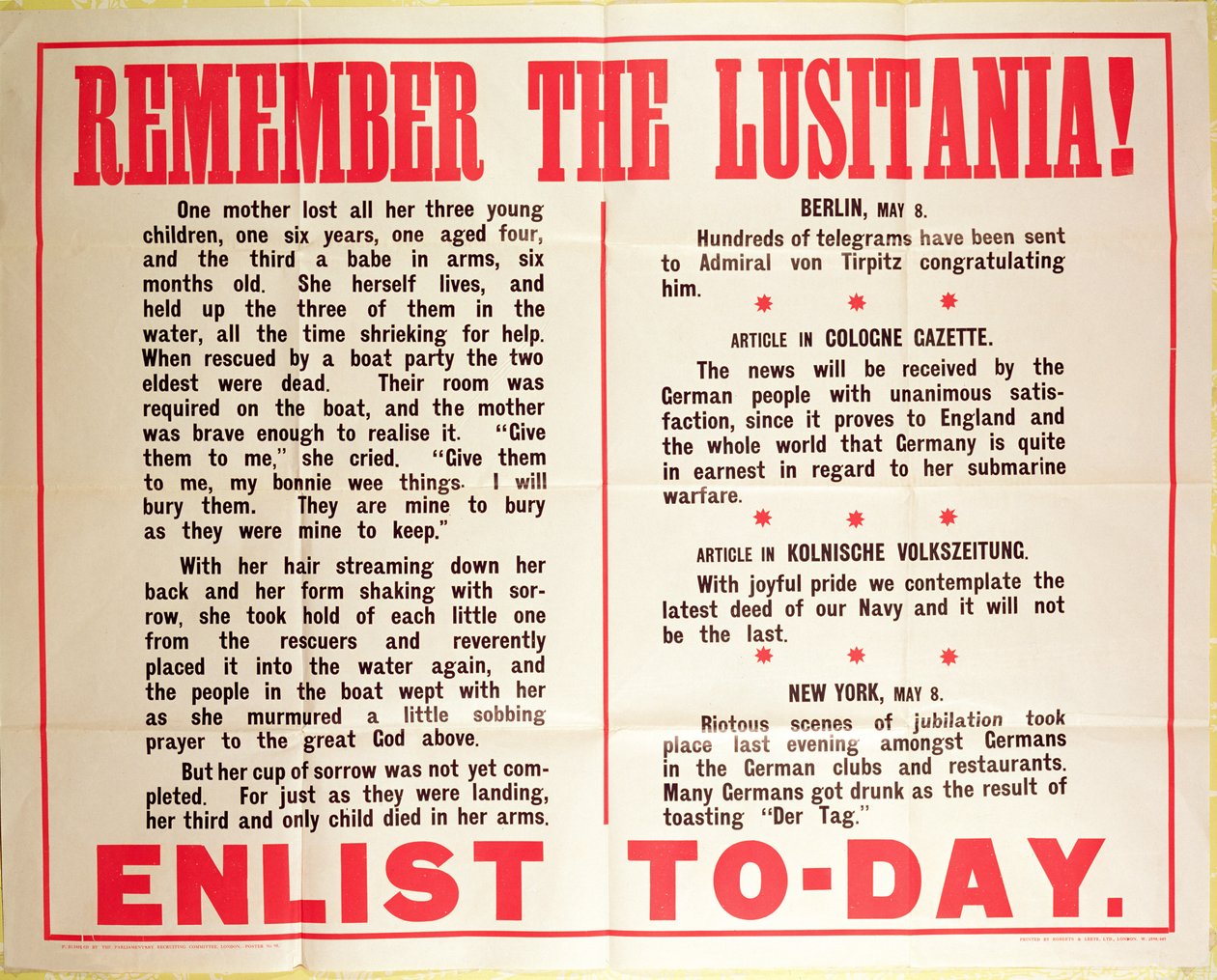 "Remember the Lusitania" WWI Recruiting Poster