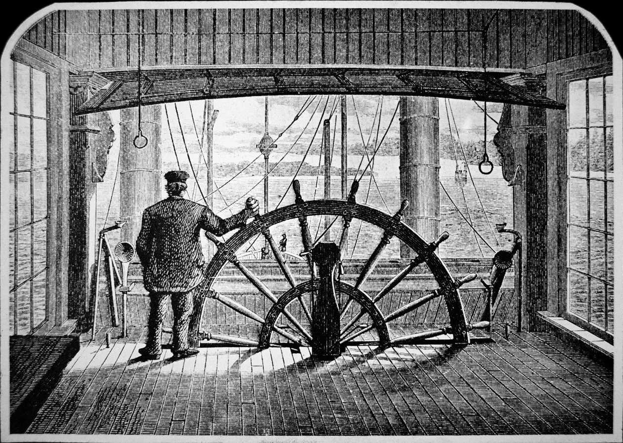 Steamboat pilot in the wheelhouse, c.1870 by American School