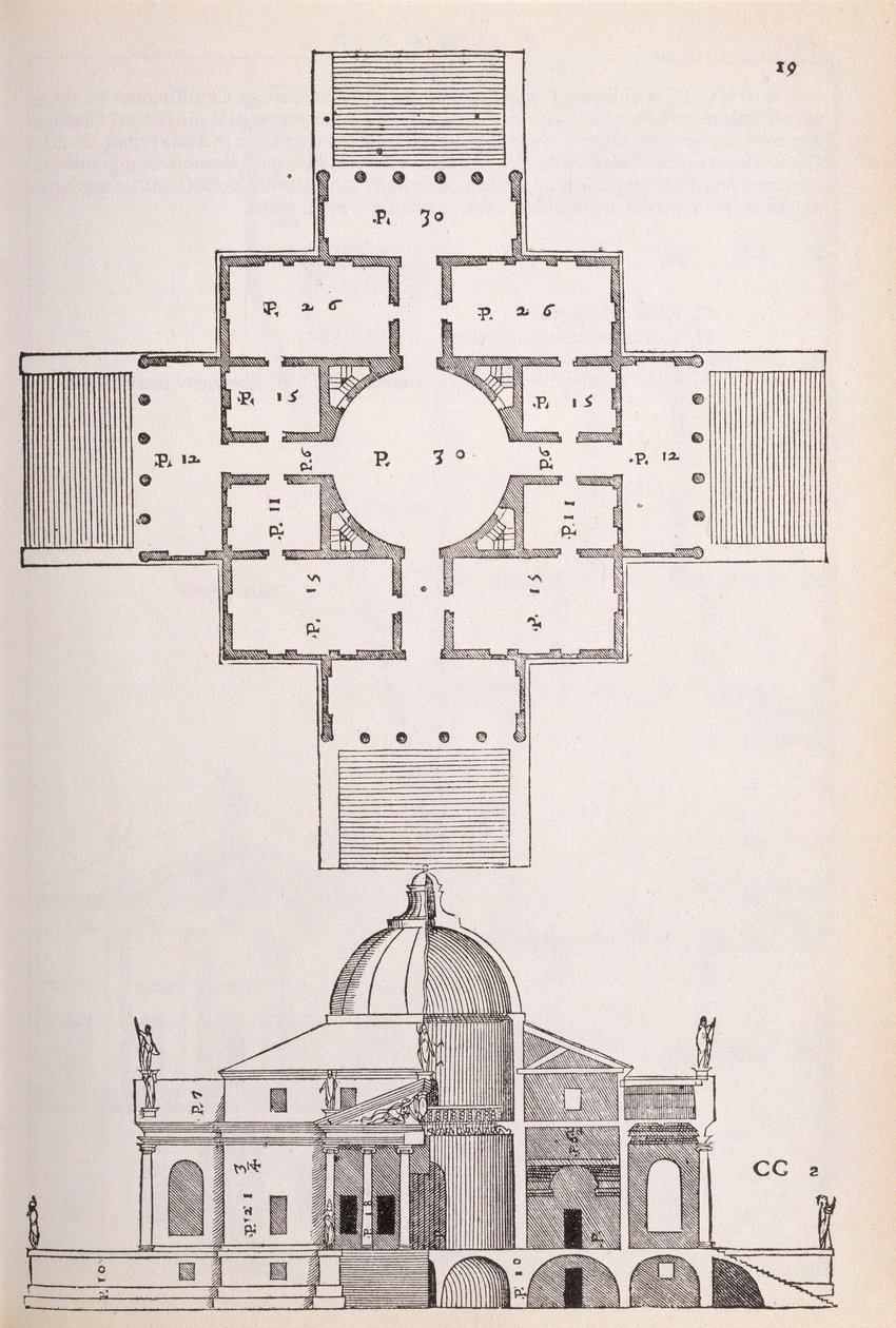 Plan and cross section of Villa Rotunda, illustration from a facsimile ...