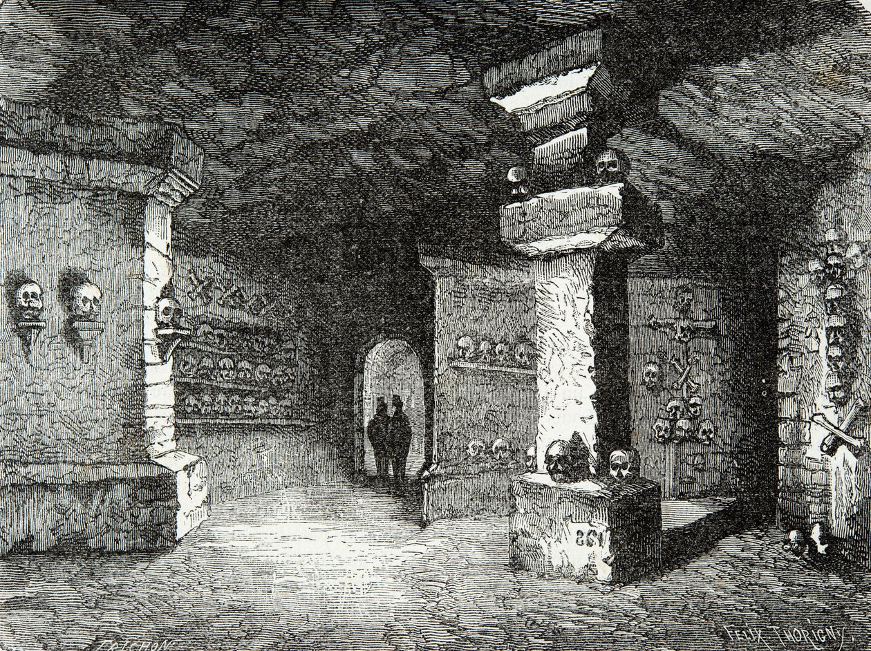 A gallery of catacombs in Paris, 19th century - Engraving - Private ...