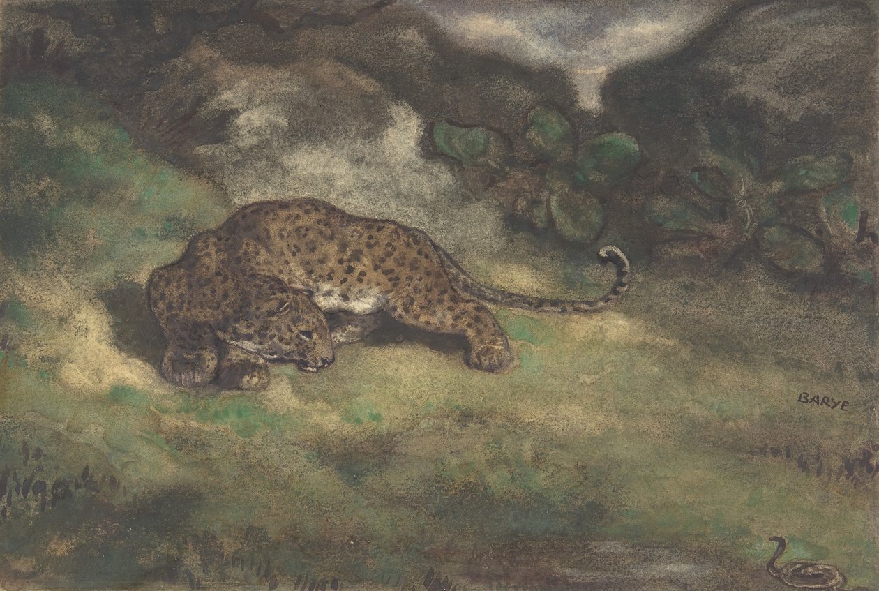 Leopard and Serpent by Antoine Louis Barye: Fine art print