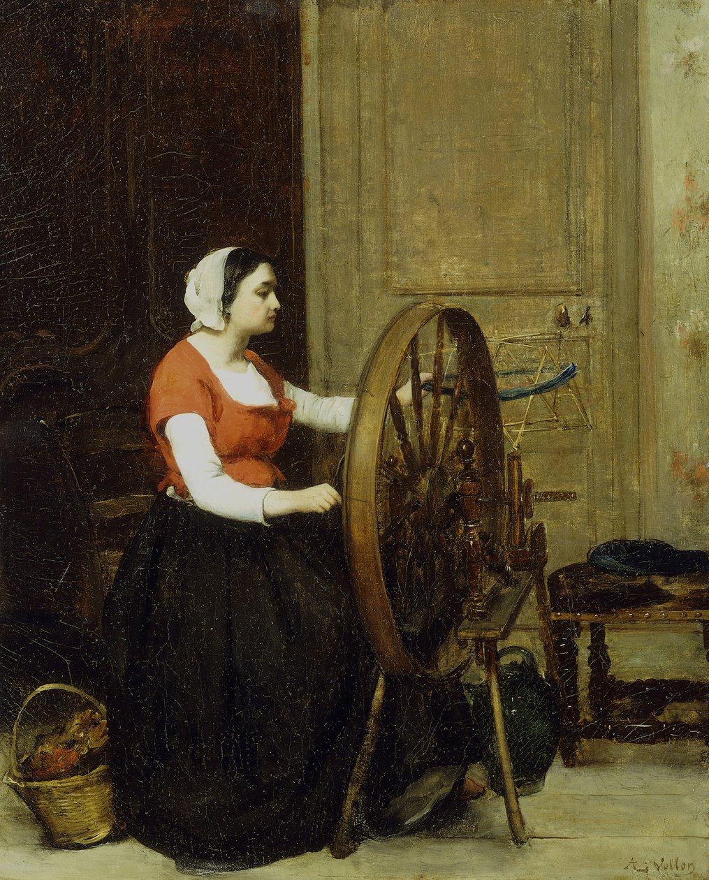 Woman and Spinning Wheel by Antoine Vollon: Fine art print
